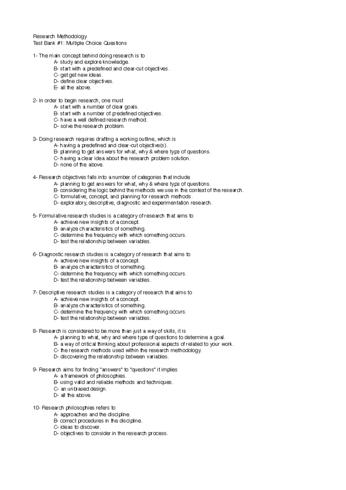 Pdfcoffee - Research Methodology Test Bank #1: Multiple Choice ...