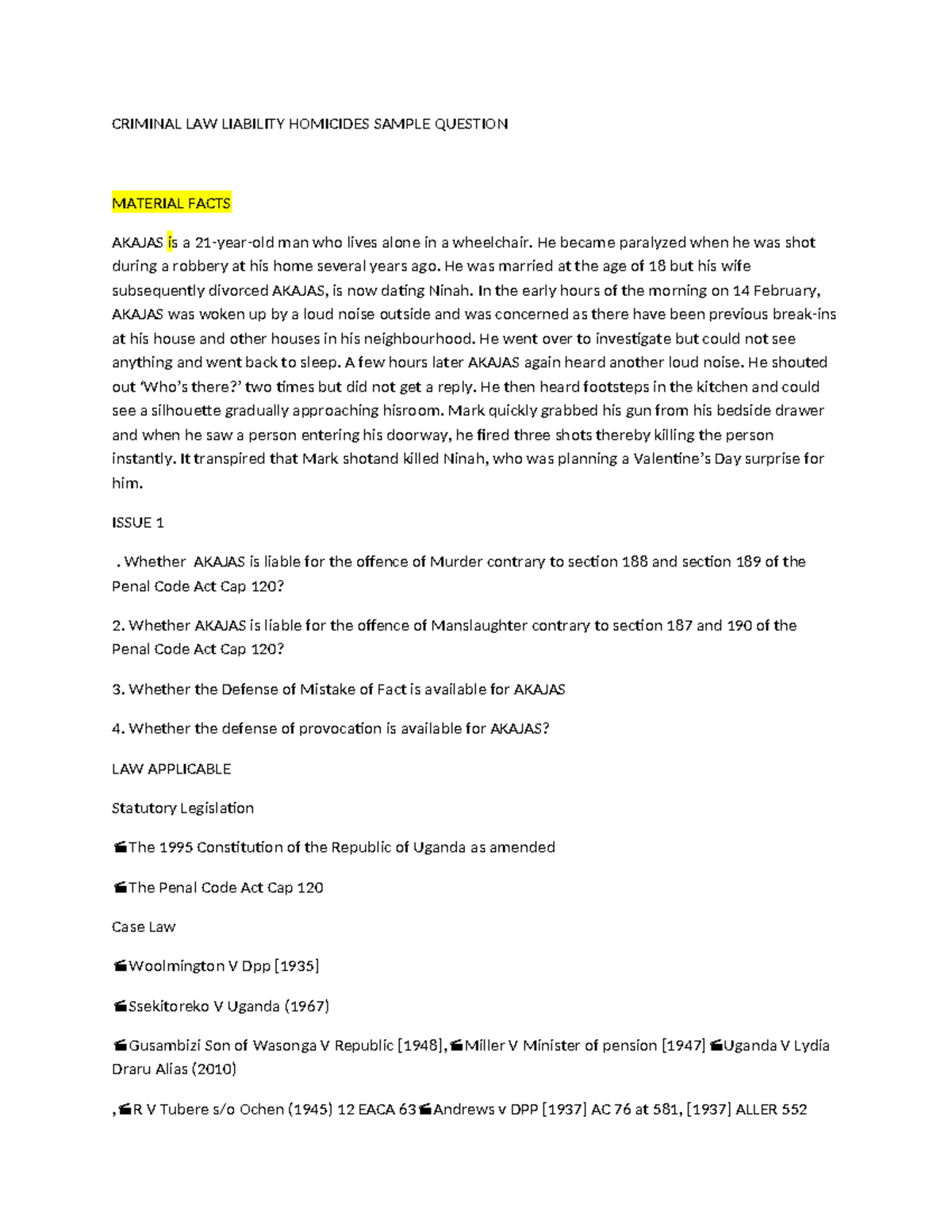 Homicide Sample Question Akajas' Draft - CRIMINAL LAW LIABILITY ...