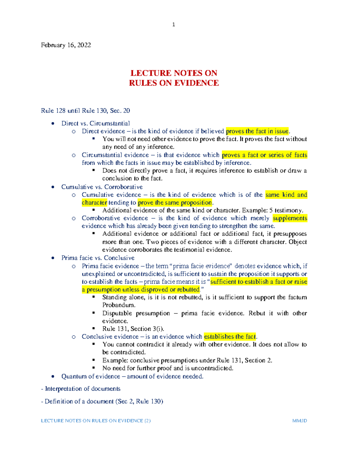 Lecture Notes on Evidence - February 16, 2022 LECTURE NOTES ON RULES ON ...