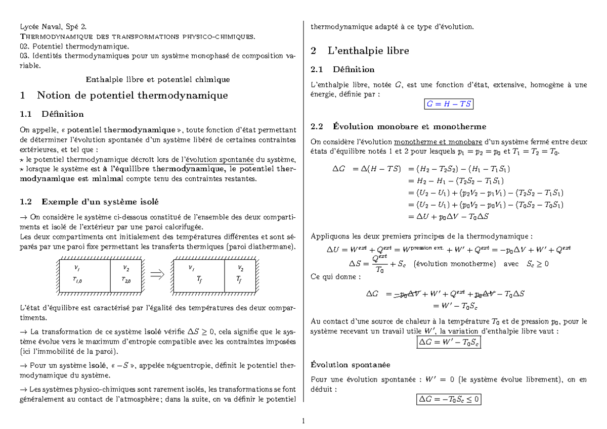 Enthalpie libre et potentiel chimique cours - Lycée Naval, Spé 2 ...