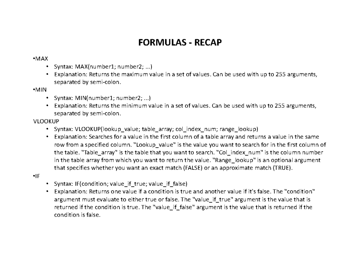 Formulas Exercises - • MAX • Syntax: MAX(number1; number2 ...