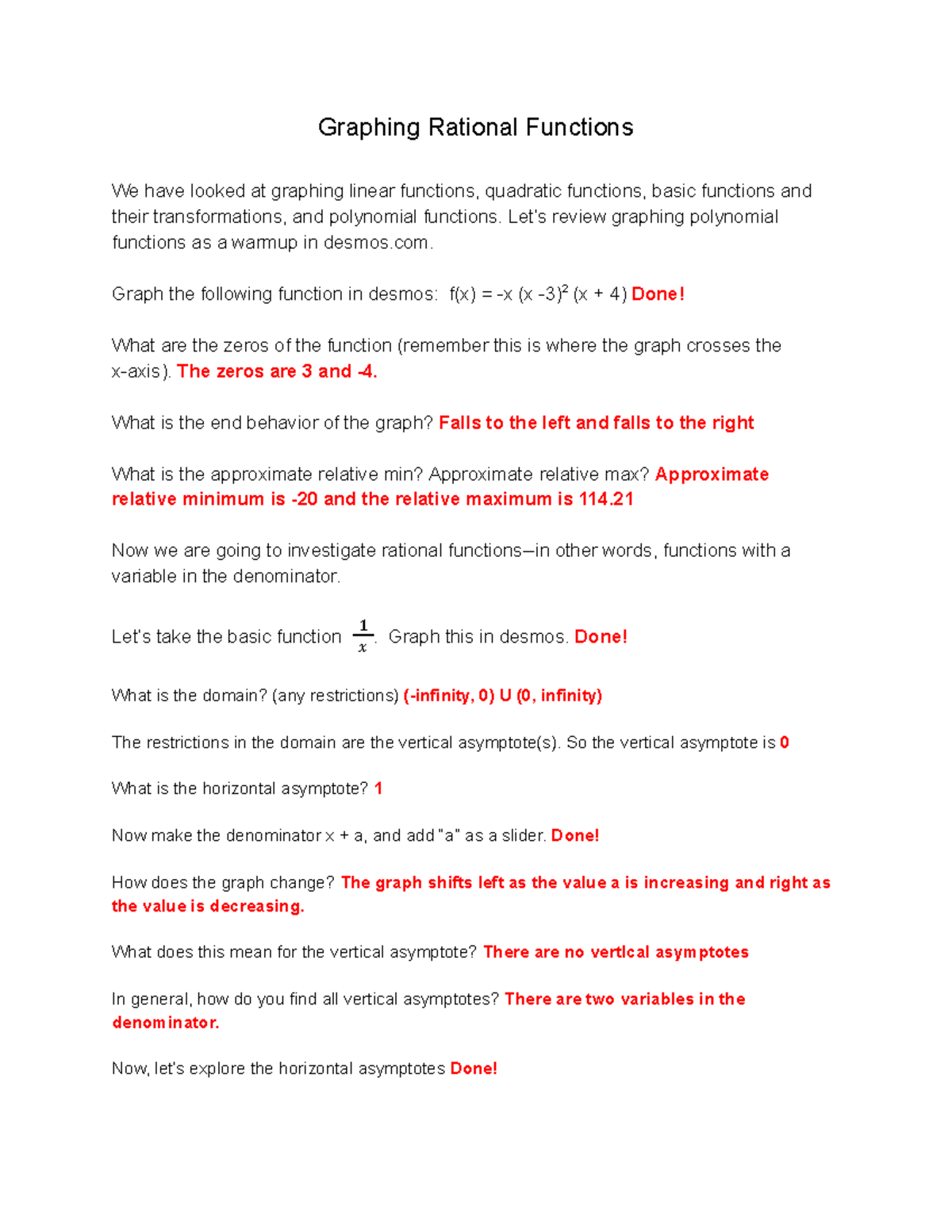 Lab 7 Graphing Rational Functions and Their Asymptotes-2 - Graphing ...