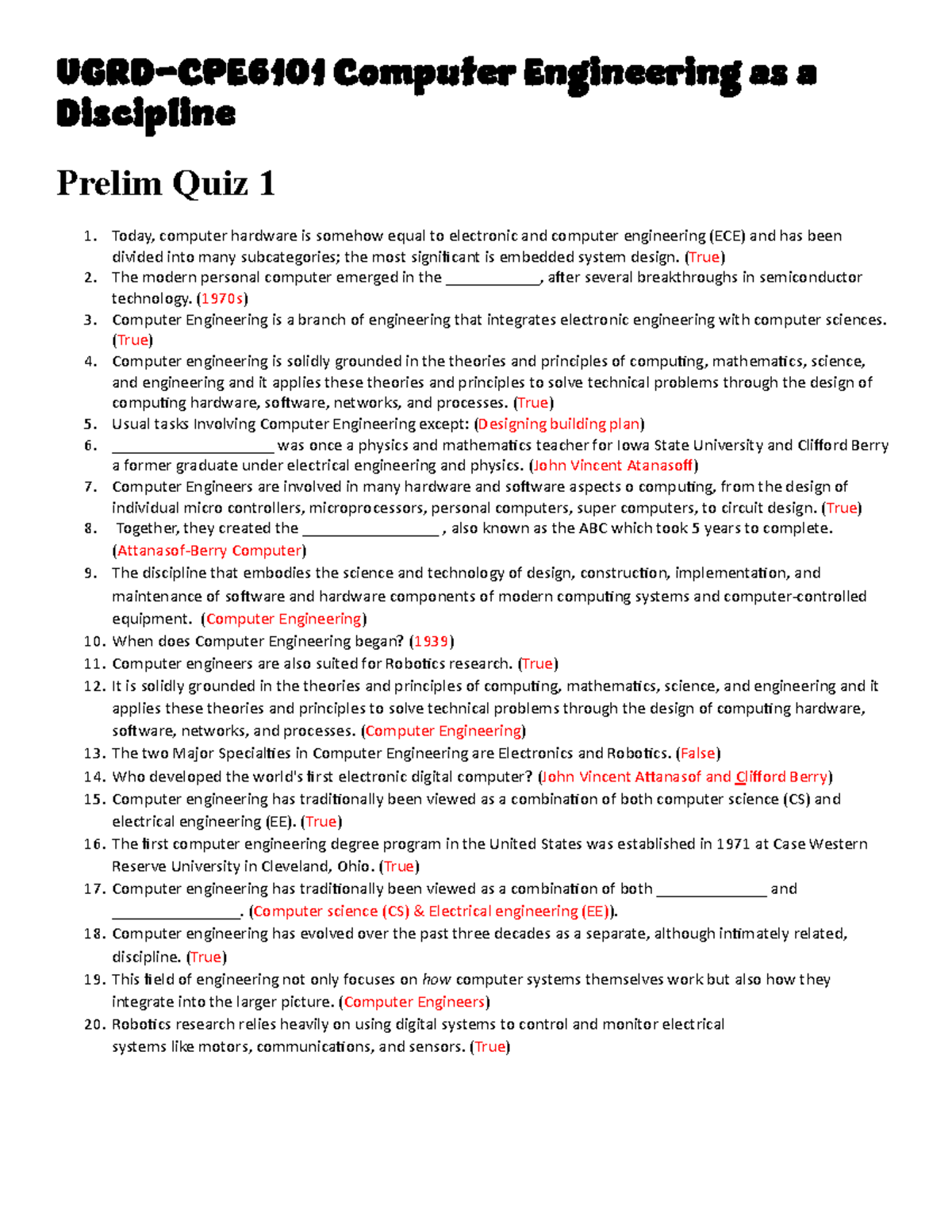 UGRD-CPE6101 Computer Engineering as a Discipline (Prelim Quiz 1) - UGRD-CPE6101 Computer - Studocu