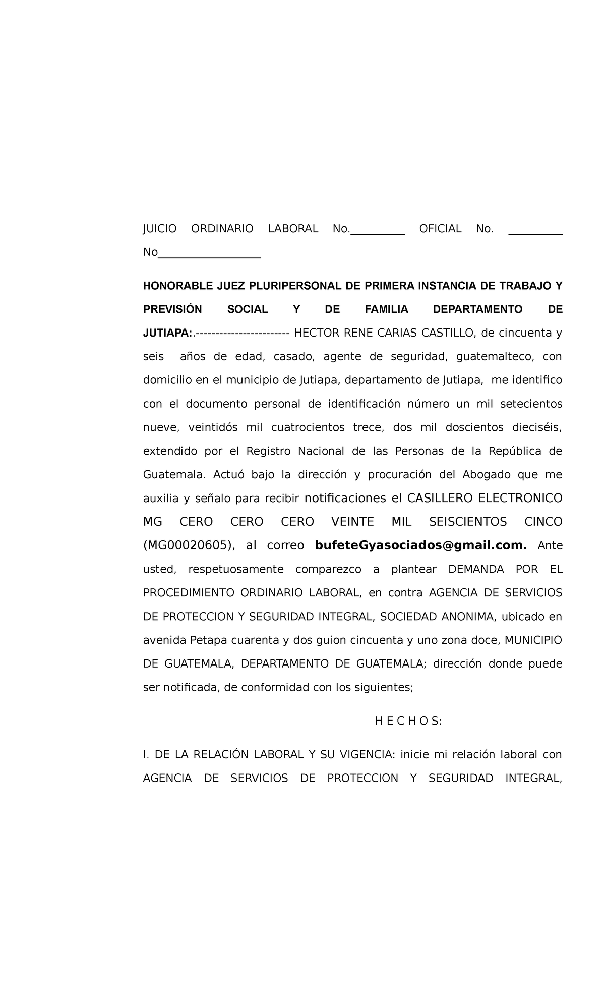 Ordinario Laboral Hector RENE Carias Castillo - JUICIO ORDINARIO ...