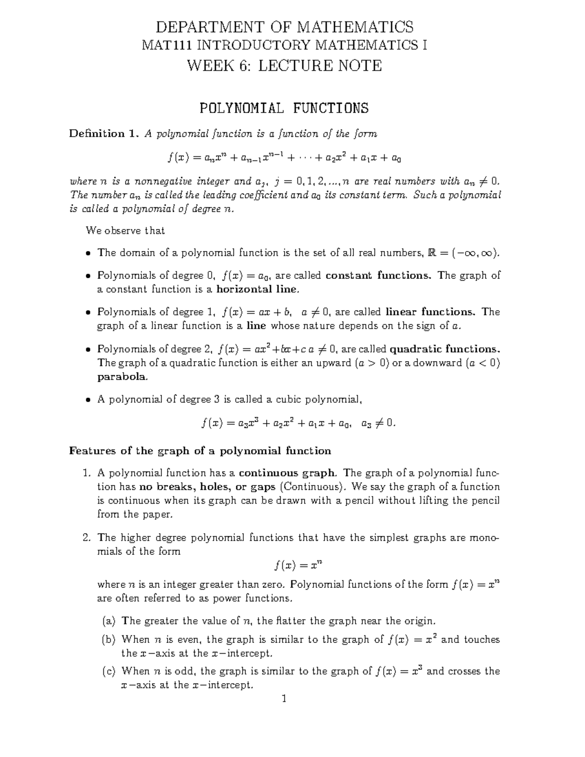 MAT111 Week 6 Lecture Note - DEPARTMENT OF MATHEMATICS MAT111 INTRODUCTORY MATHEMATICS I WEEK 6 ...