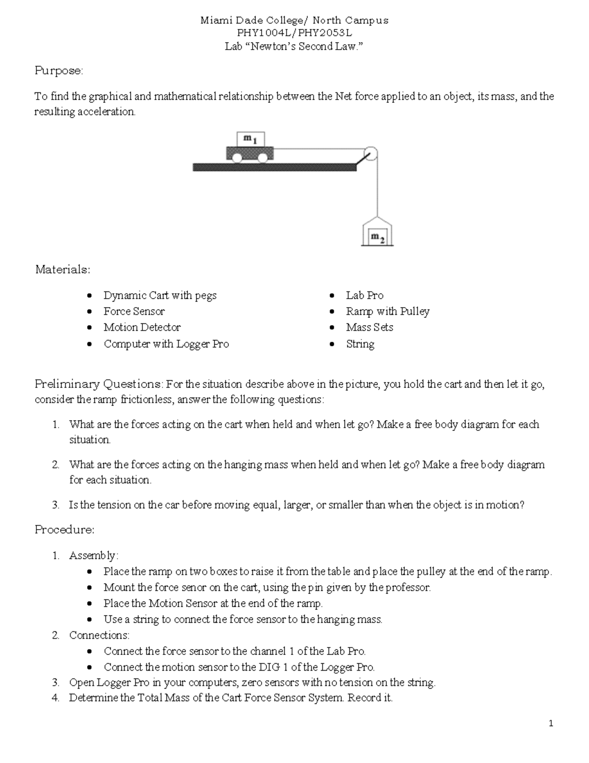 Lab Newton's 2nd Law - assigment - Miami Dade College/ North Campus ...