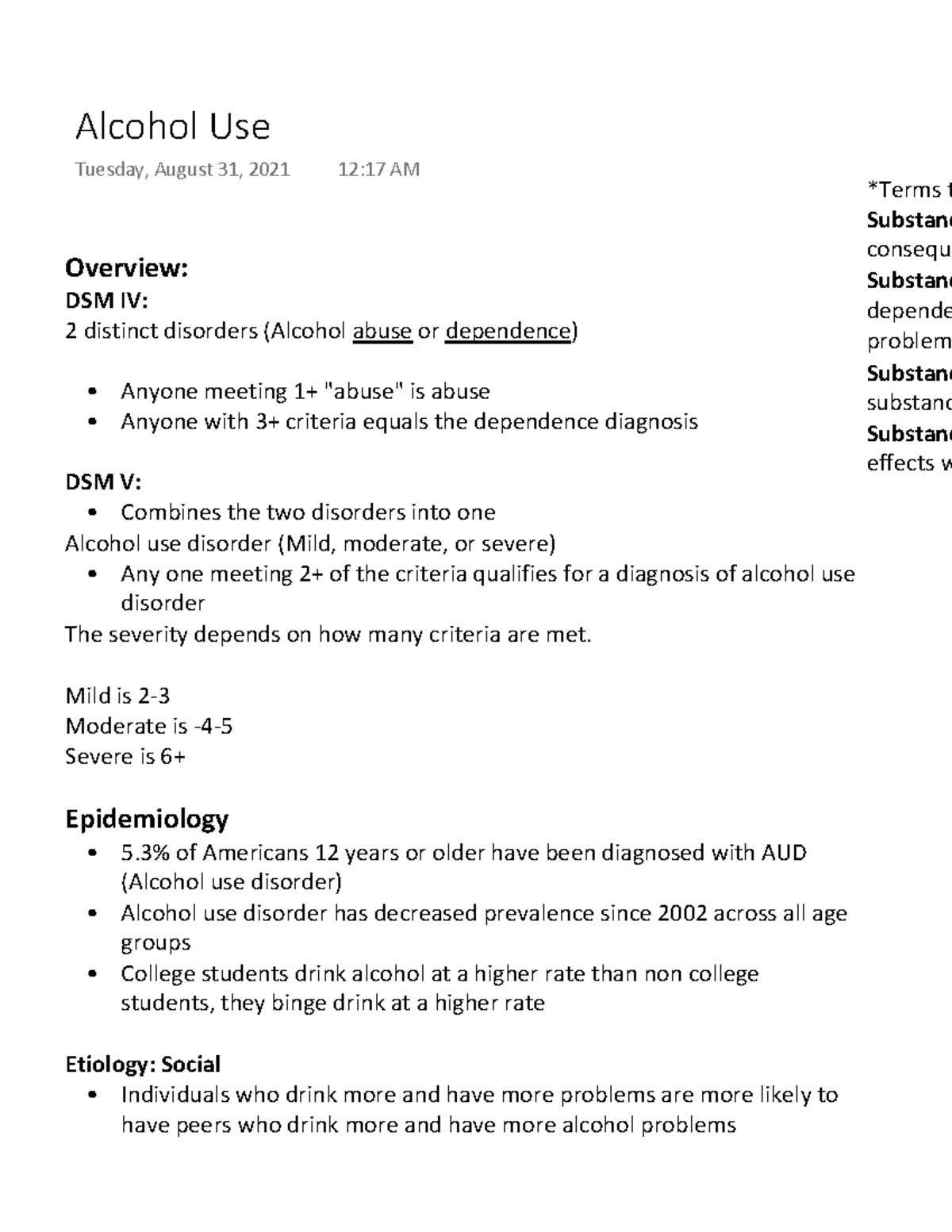 Alcohol Use - Amanda Mccleary Zoom Lecture Notes - Overview: DSM IV: 2 ...