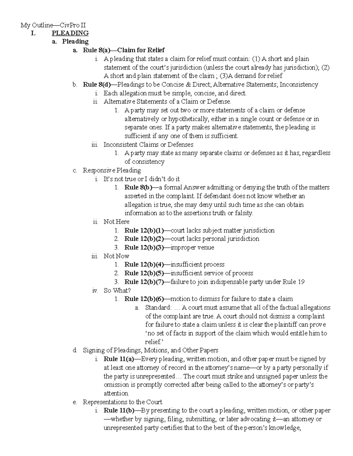 Case - Civ Pro II Outline - I. PLEADING a. Pleading a. Rule 8(a)—Claim ...
