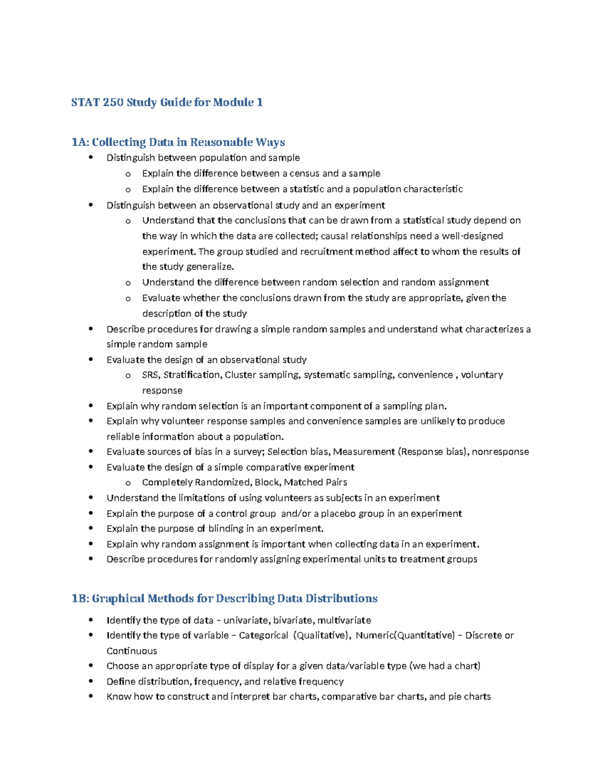 Good Study Guide STAT 250 - STAT 250 Study Guide for Module 1 1A ...
