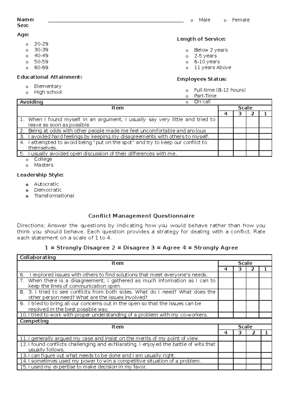 Conflict Management Questionnaire - Name