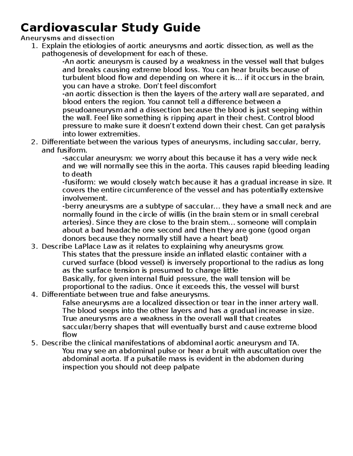 Study Guide for Cardiovascular Aneurysms - Cardiovascular Study Guide Aneurysms and dissection 1 ...