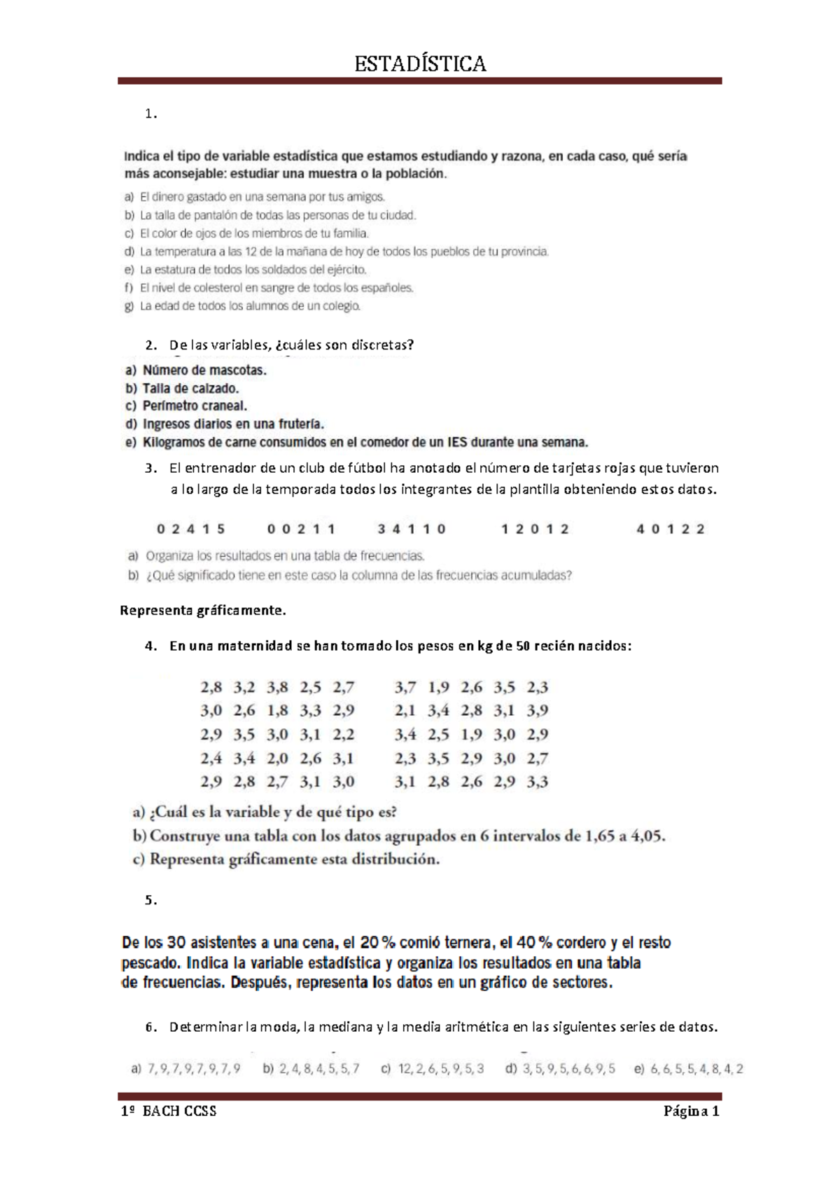 Boletin estadistica - EJERCICIOS 1 BACHILLERATO CCSS - ESTADÍSTICA 1 º ...