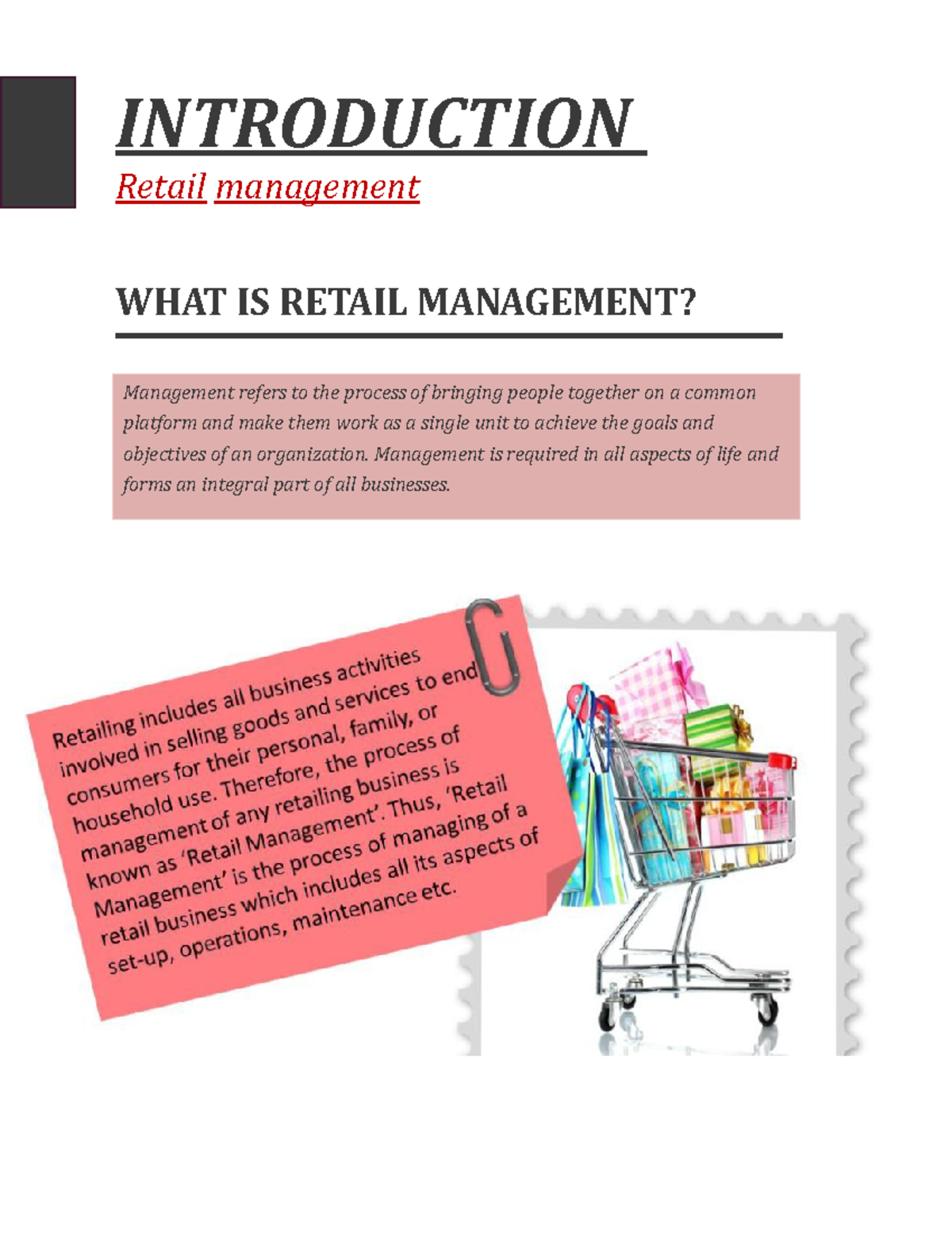 Finnal report ankita - INTRODUCTION Retail management WHAT IS RETAIL ...