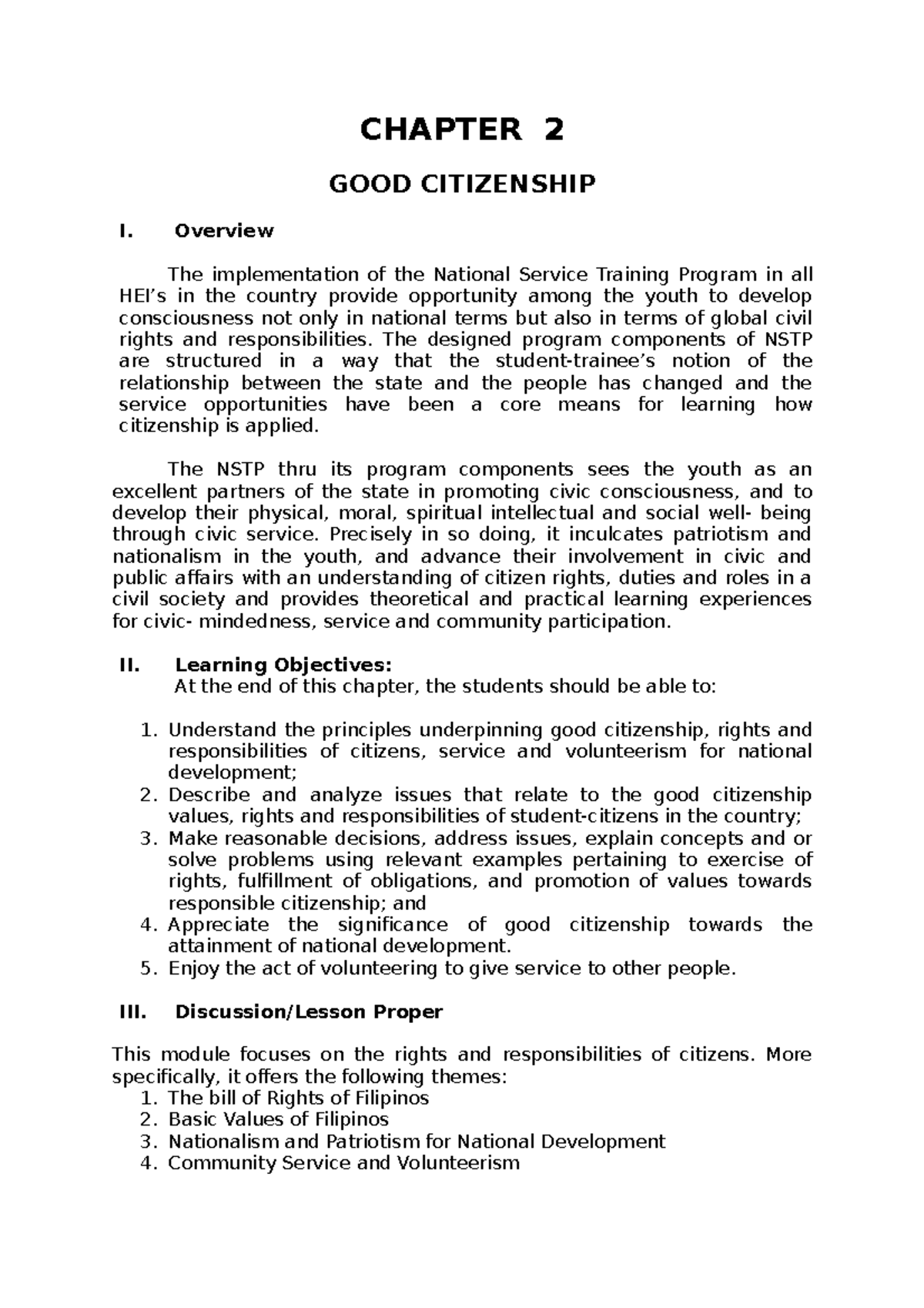 NSTP- Module-1st-Sem-updated - Chapter 2 - CHAPTER 2 GOOD CITIZENSHIP I ...