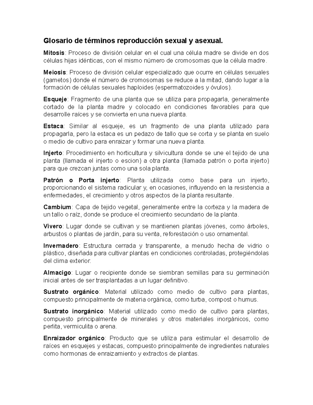 Propagacion act1 - repaso - Glosario de términos reproducción sexual y asexual. Mitosis: Proceso ...