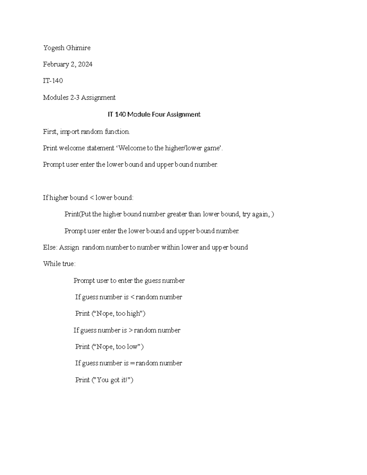Modules 4 Pseudocode - practice - Yogesh Ghimire February 2, 2024 IT- Modules 2-3 Assignment IT ...
