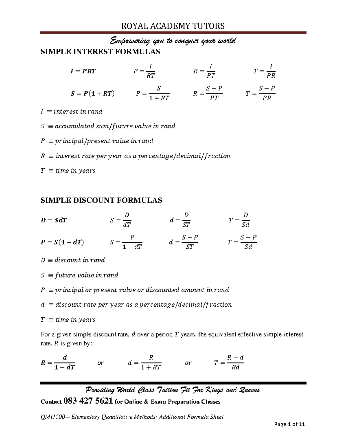 QMI1500 Formula Sheet - Empowering you to conquer your world Providing ...