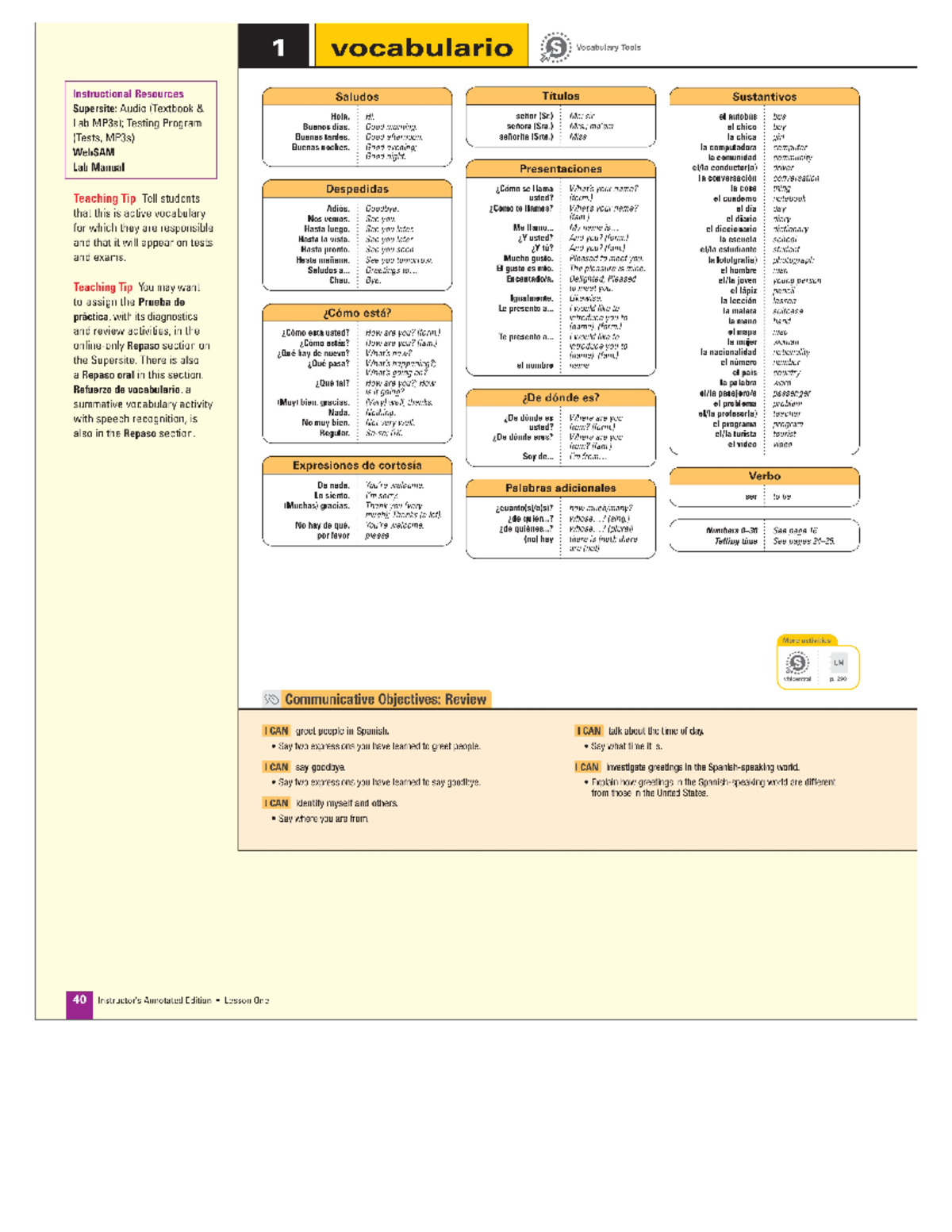 Ch. 1 Vocabulario - Chapter 1 vocab given by instructor - 1 vocabulario ...