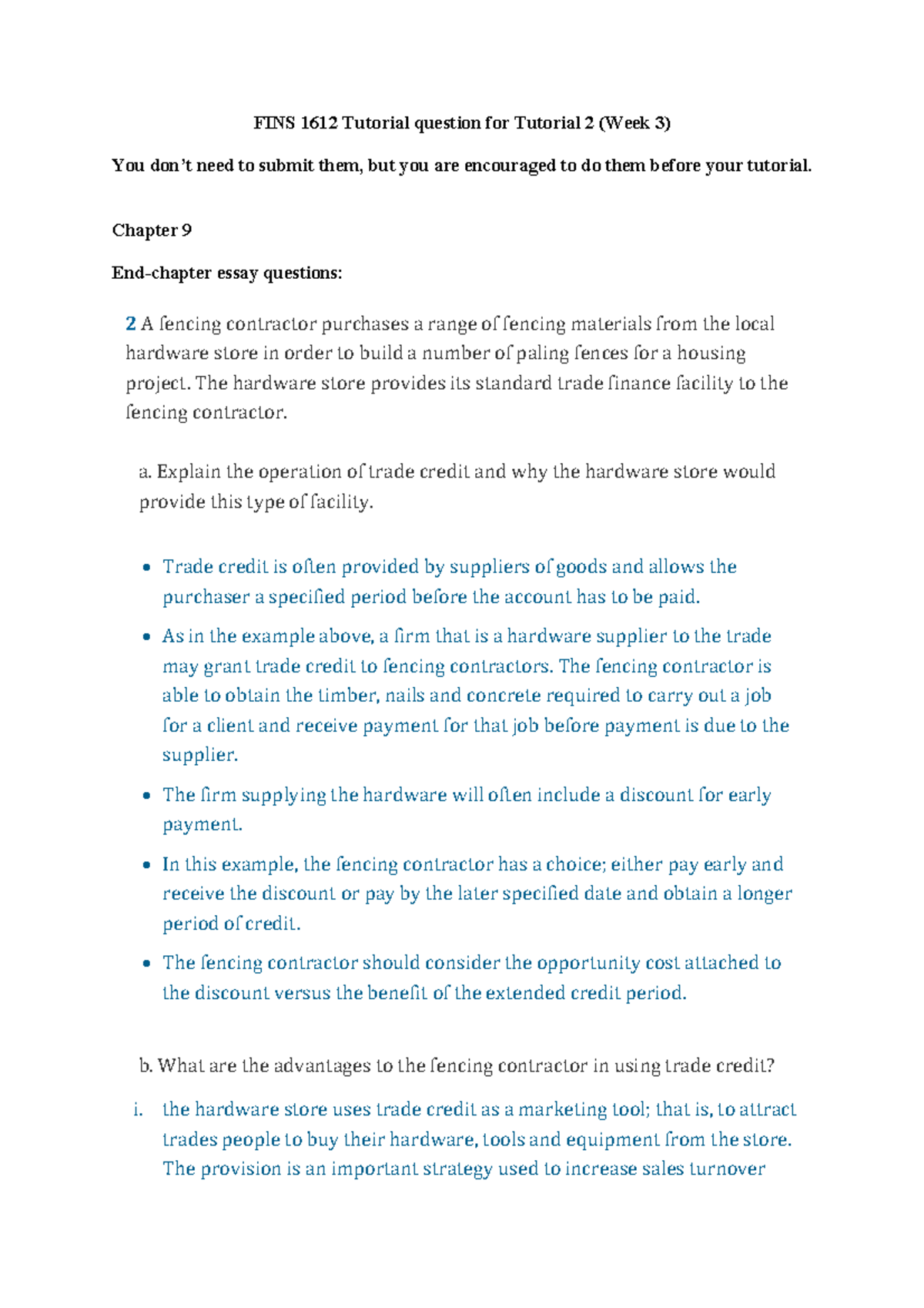 Week 3 Homework Solution - FINS 1612 Tutorial question for Tutorial 2 (Week 3) You don’t need to ...