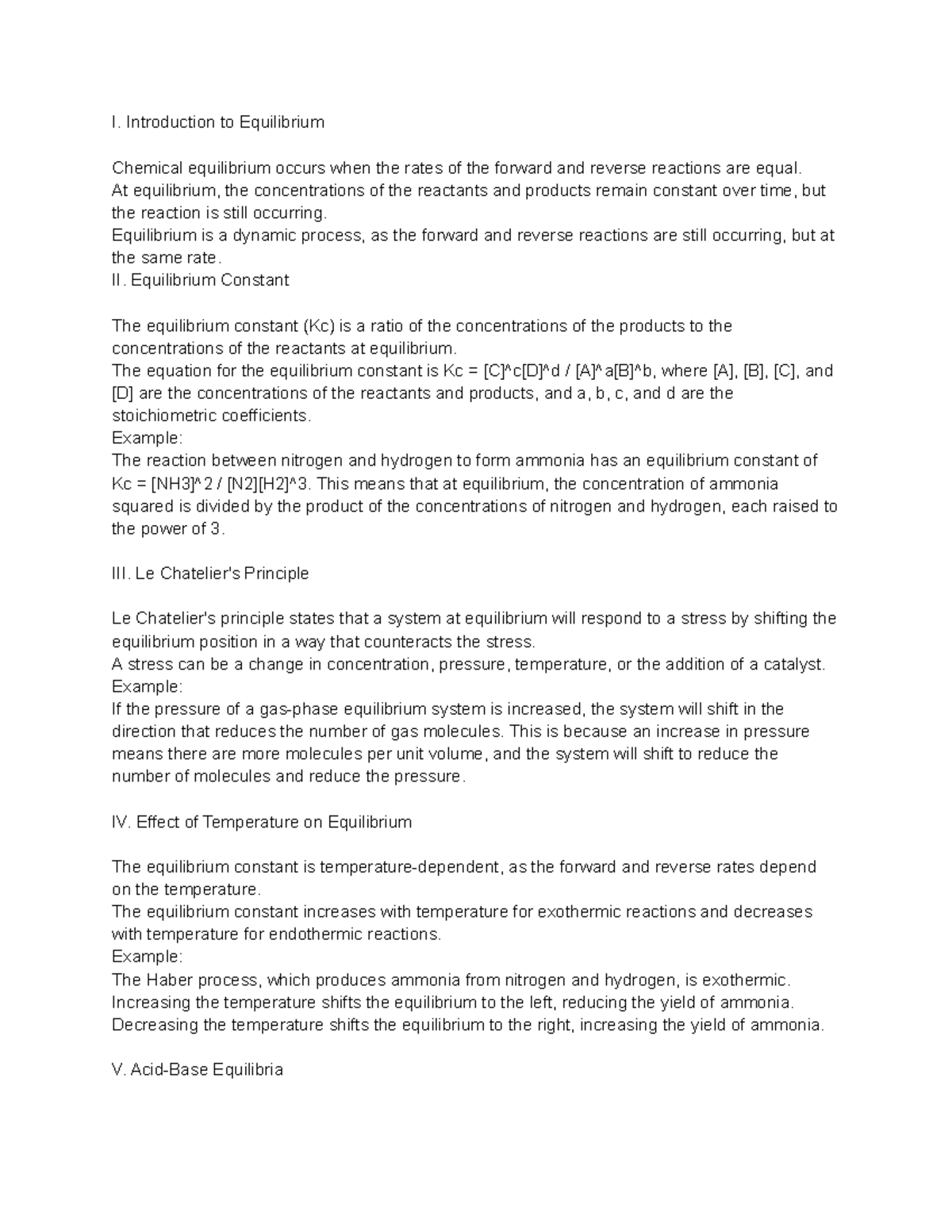 Equilibrium notes - I. Introduction to Equilibrium Chemical equilibrium ...