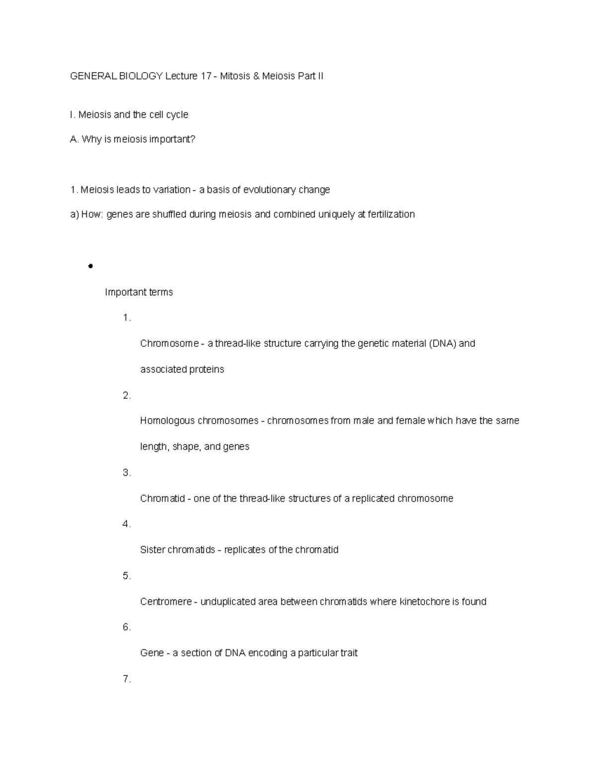 Bio - bio - GENERAL BIOLOGY Lecture 17 - Mitosis & Meiosis Part II I ...