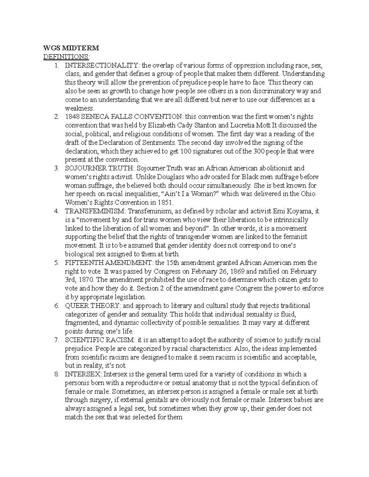 WGS 100 Midterm 1 - WGS MIDTERM DEFINITIONS: INTERSECTIONALITY: the ...