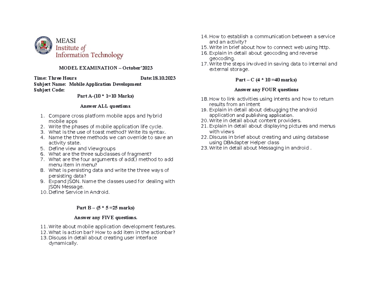 Model exam -Mobile app development2023 - MODEL EXAMINATION – October’ Time: Three Hours Date:18 ...