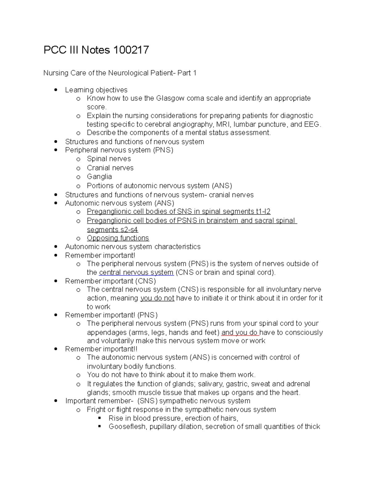 PCC III Notes 100217 - PCC III Notes 100217 Nursing Care of the ...