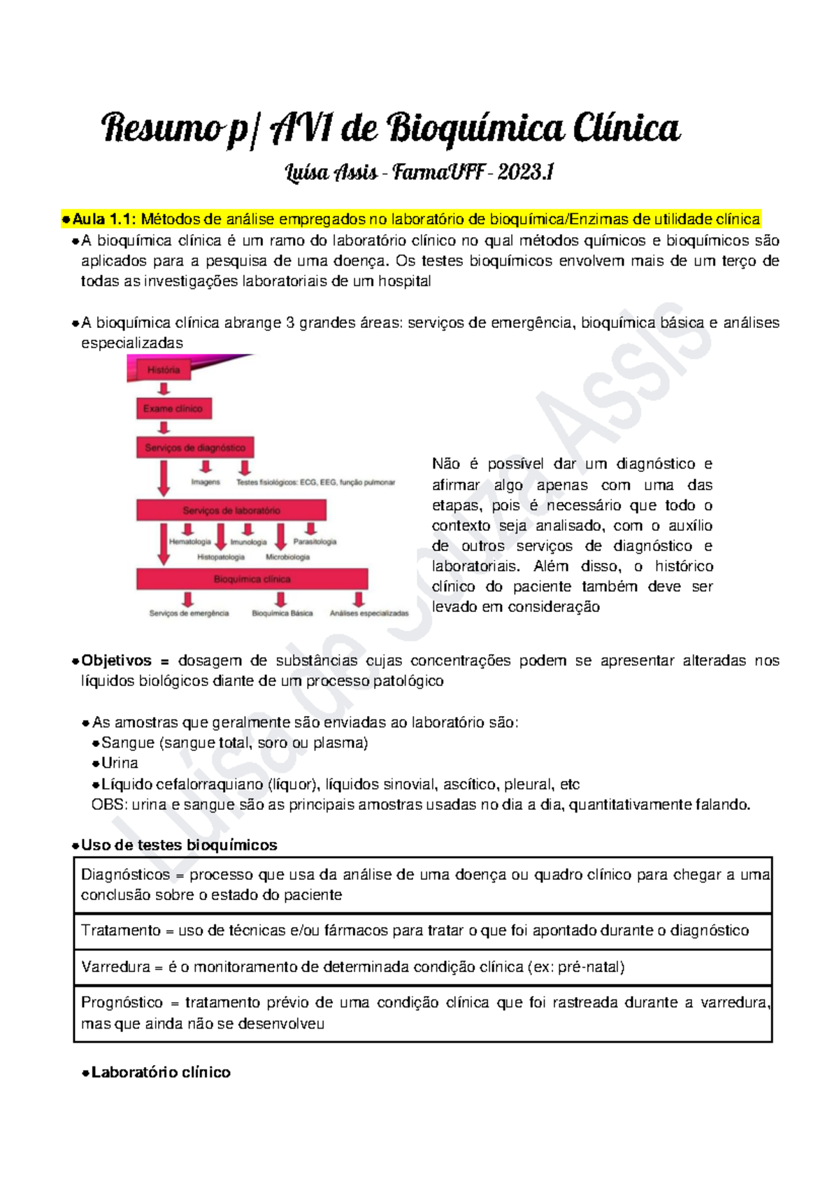 Resumo - AV1 - Bioquímica Clínica - Resumo p/ AV1 de Bioquímica Clínica Luísa Assis - FarmaUFF ...
