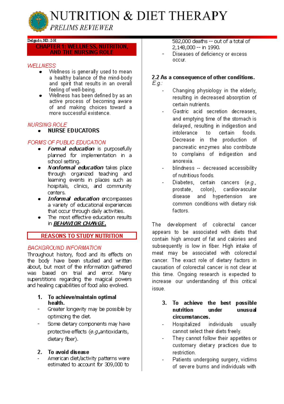 Nutrition AND DIET Therapy Notes - Delgado, ND. 2-H CHAPTER 1: WELLNESS ...