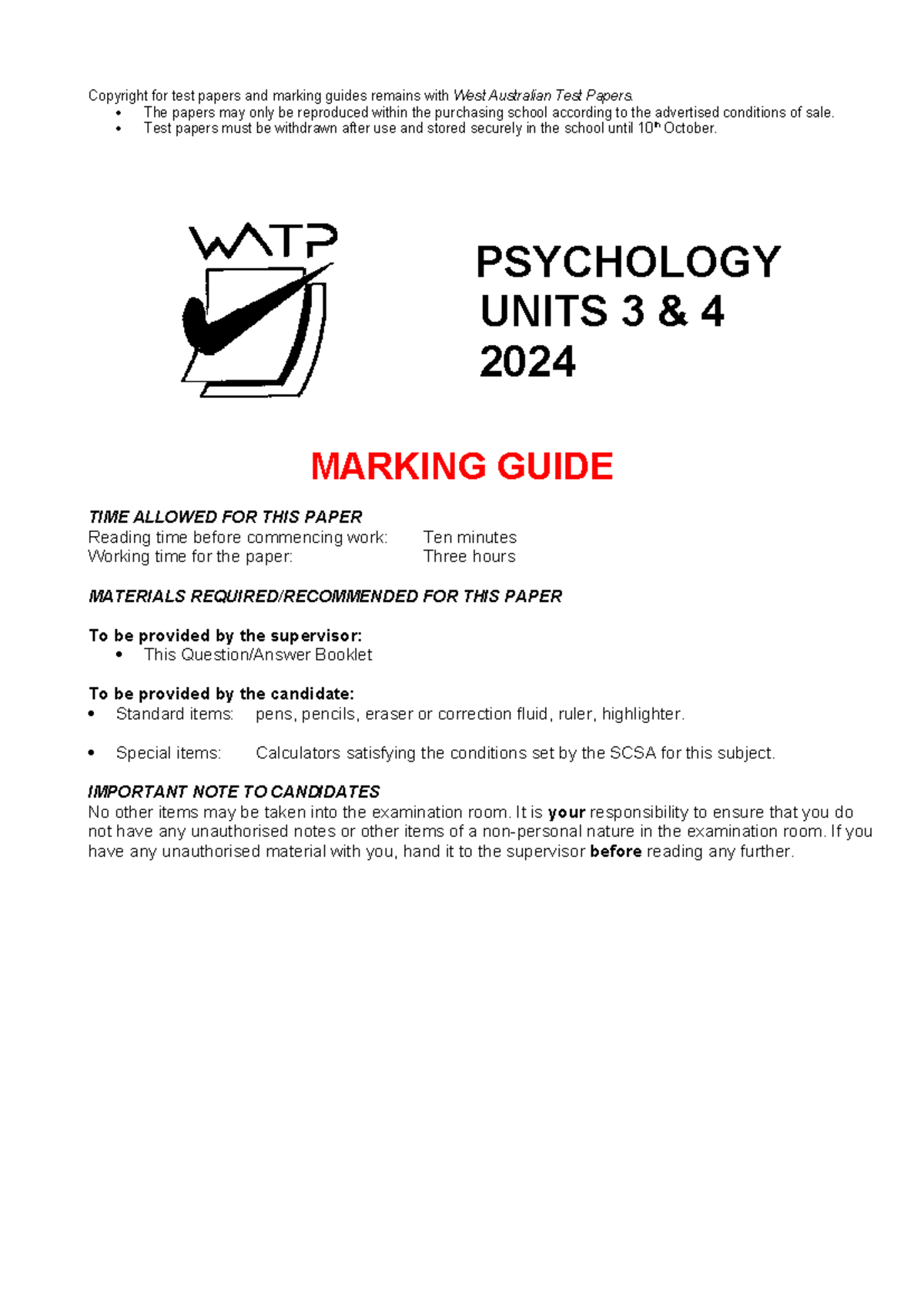 2024 Psychology Units 34 Marking Guide - Copyright for test papers and ...