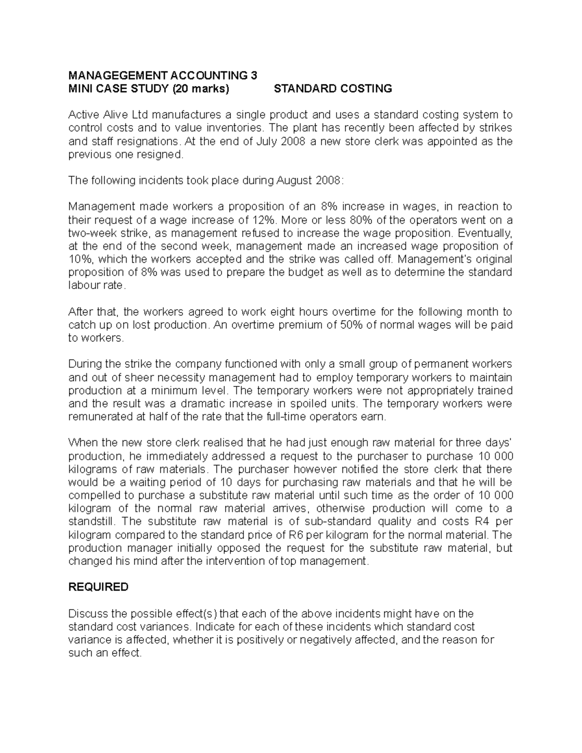 Std costing.Mini case study - MANAGEGEMENT ACCOUNTING 3 MINI CASE STUDY ...