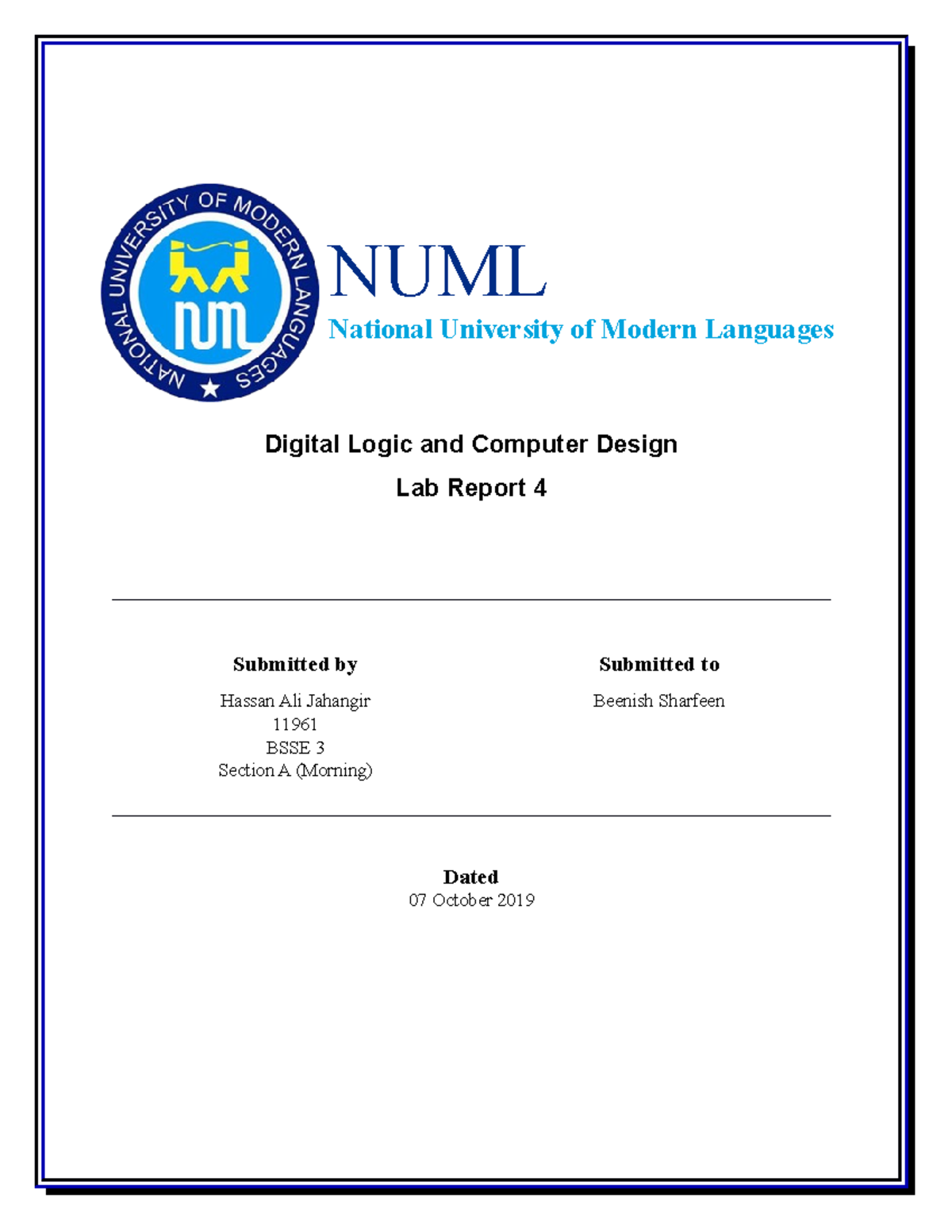 dld lab report on logic gates - Dated 07 October 2019 NUML National ...