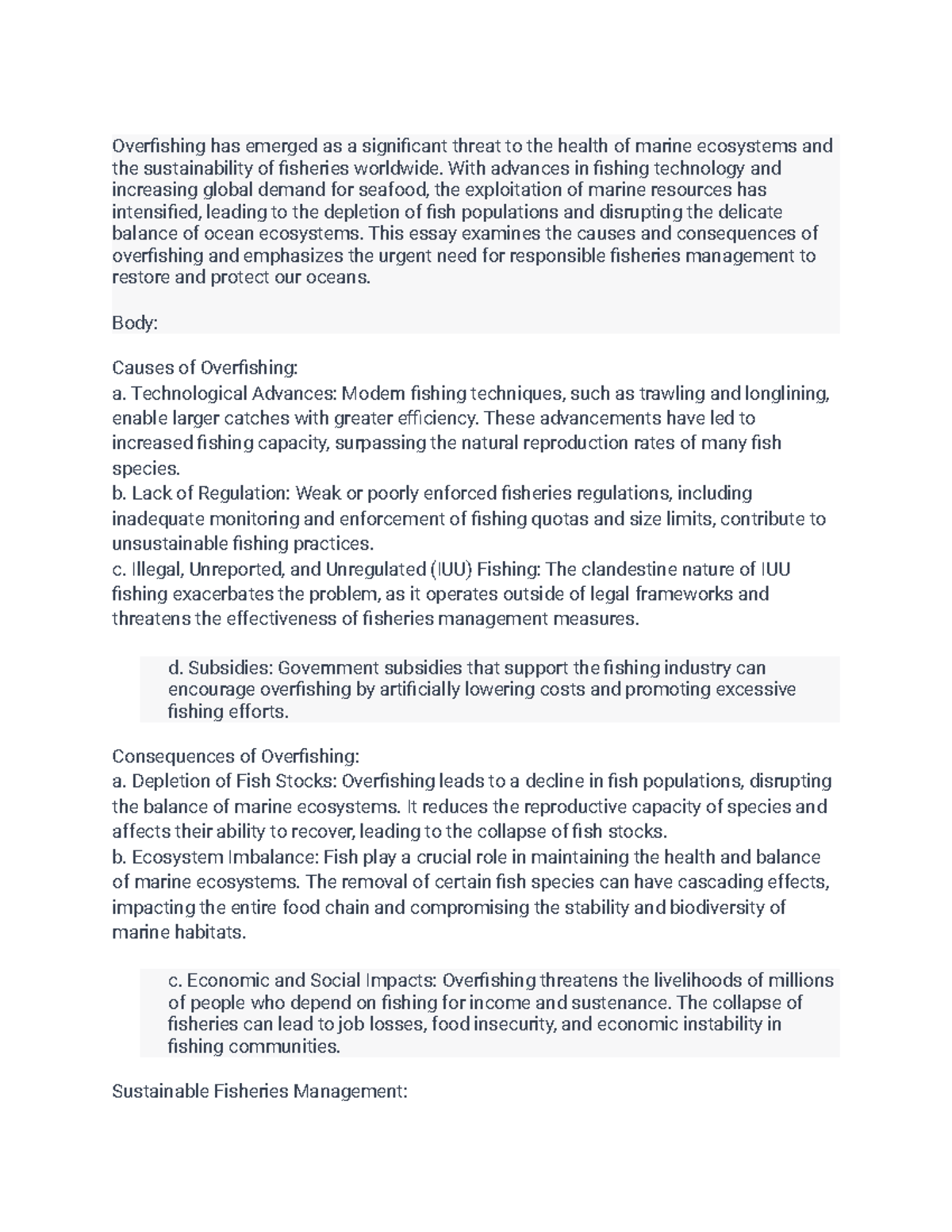 Overfishing Essay - Overfishing has emerged as a significant threat to ...