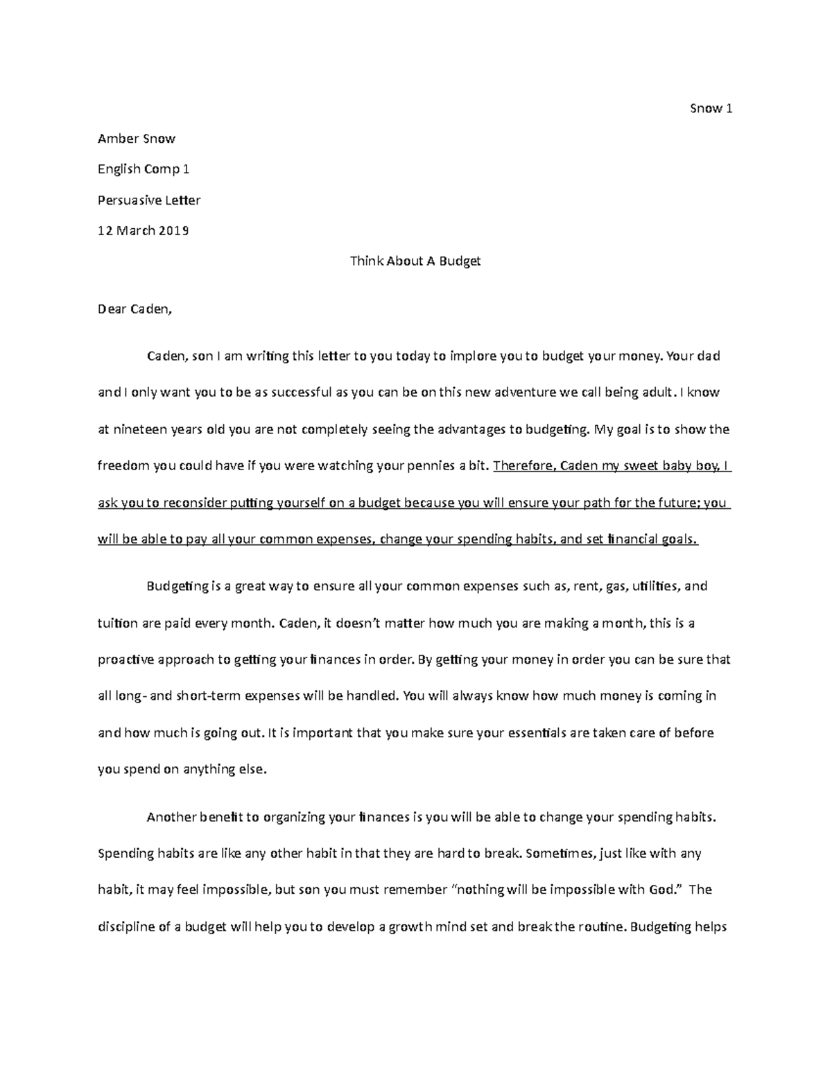 Persuasiveletter - letter - Snow 1 Amber Snow English Comp 1 Persuasive ...