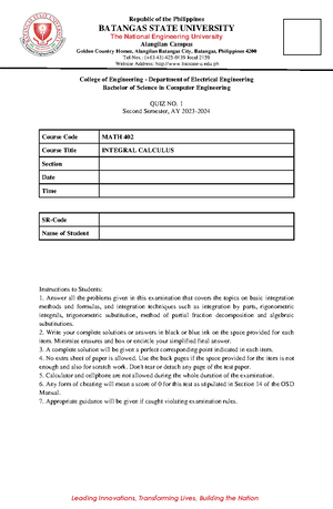 Formulas-Integral-Calculus - I 1 : ∫ 𝑢 𝑛 𝑑𝑢 = 𝑢𝑛+ 𝑛+1 + 𝐶, 𝑛 ≠− 1 I 2 ...