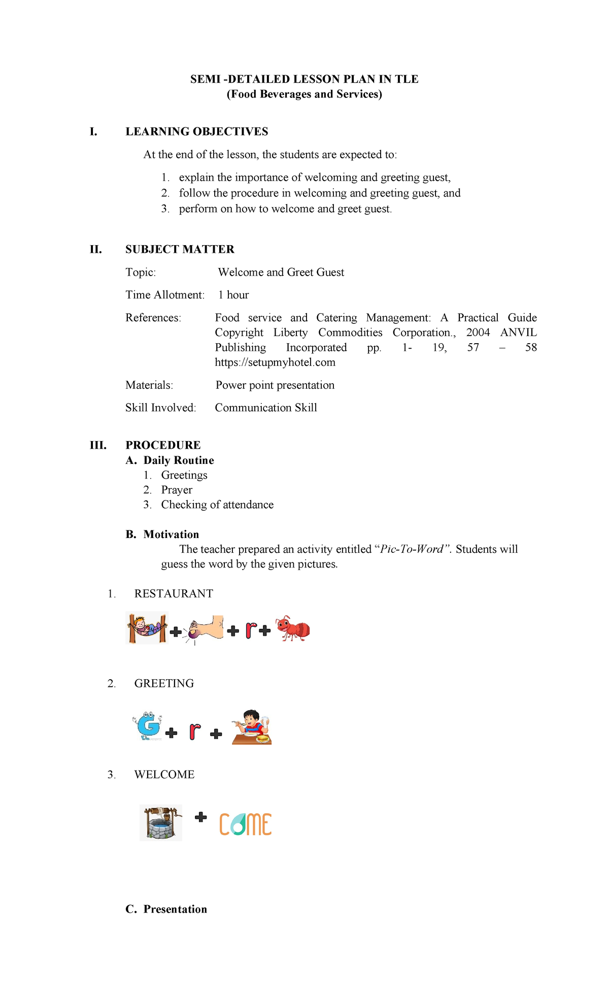 Semi-DLP - Food and Beverages semi detailed lesson Plan - SEMI ...