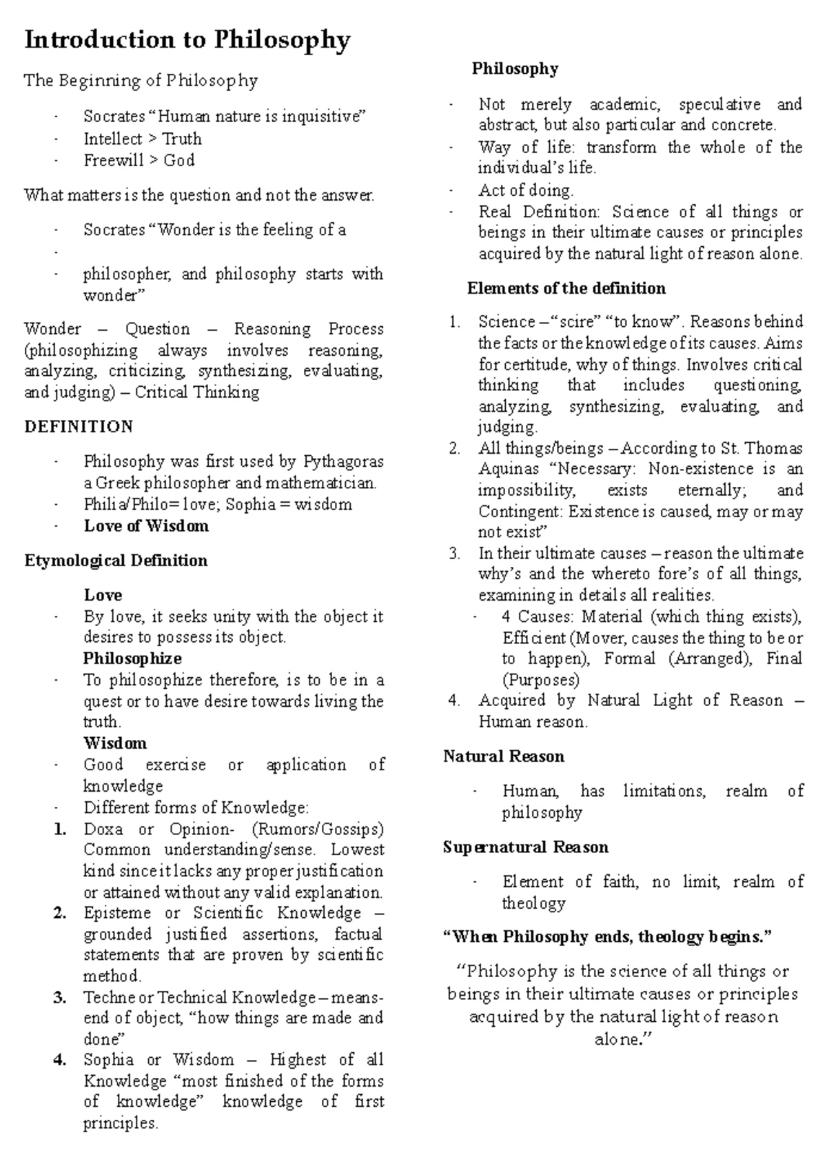 Philo notes - Introduction to Philosophy The Beginning of Philosophy ...