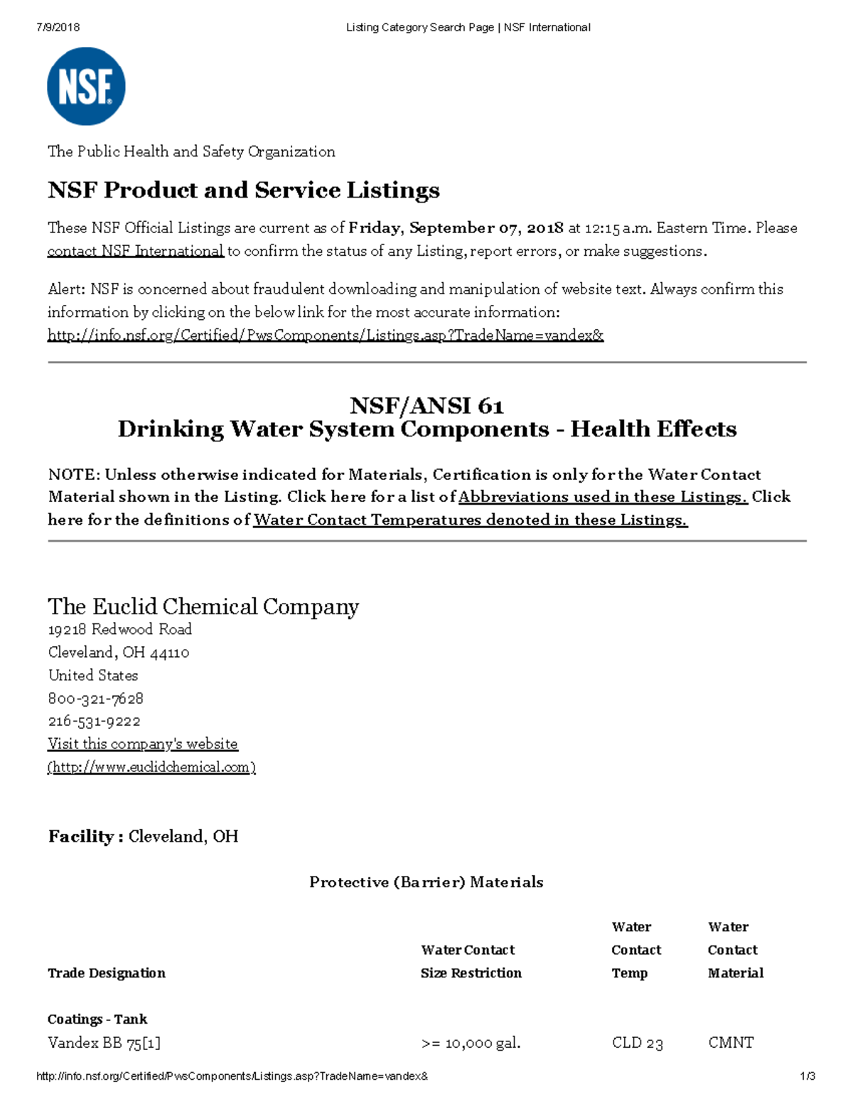 Anexo 1 NSF Vandex 2018 - IMPERMEABILIZANTE - 7/9/2018 Listing Category ...