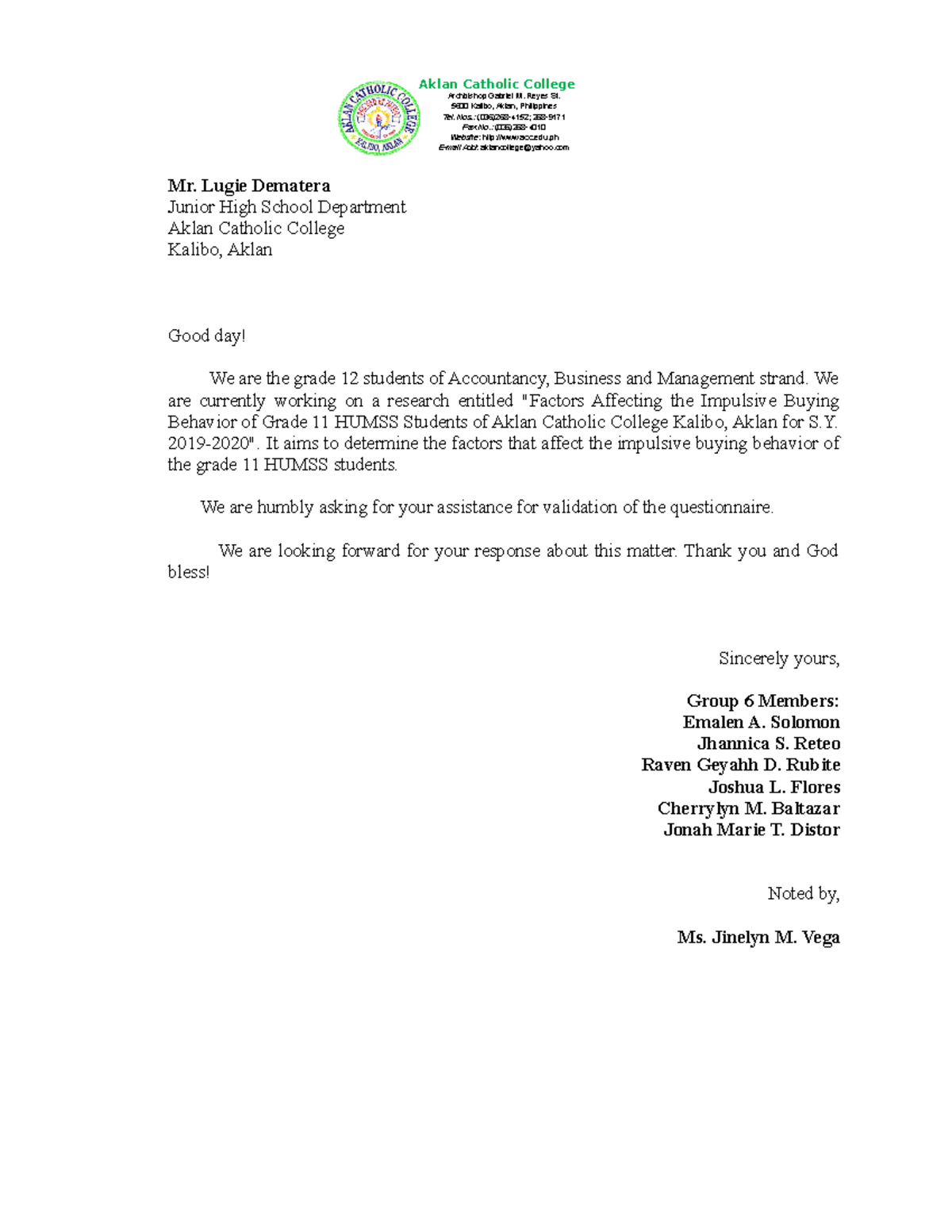 Research- Letter - Aklan Catholic College Archbishop Gabriel M. Reyes ...