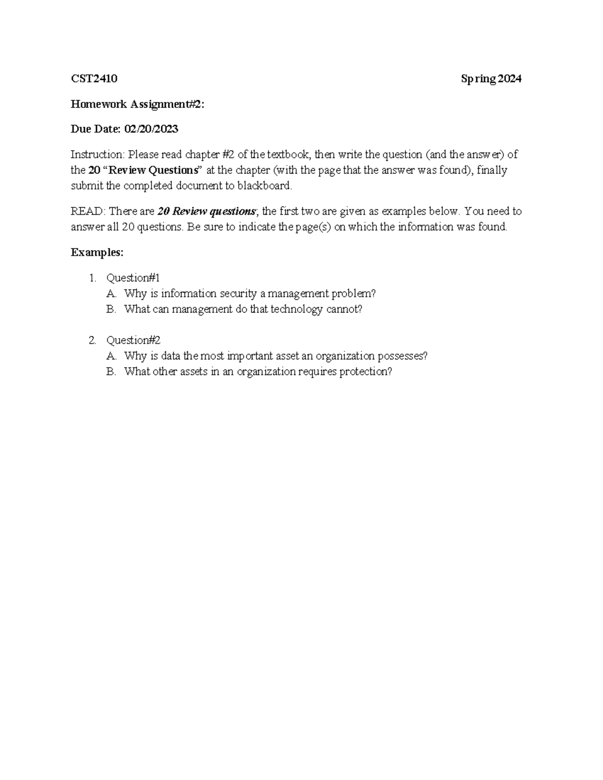 HW Assignment#2 - frtff - CST2410 Spring 2024 Homework Assignment#2: Due Date: 02/20 ...