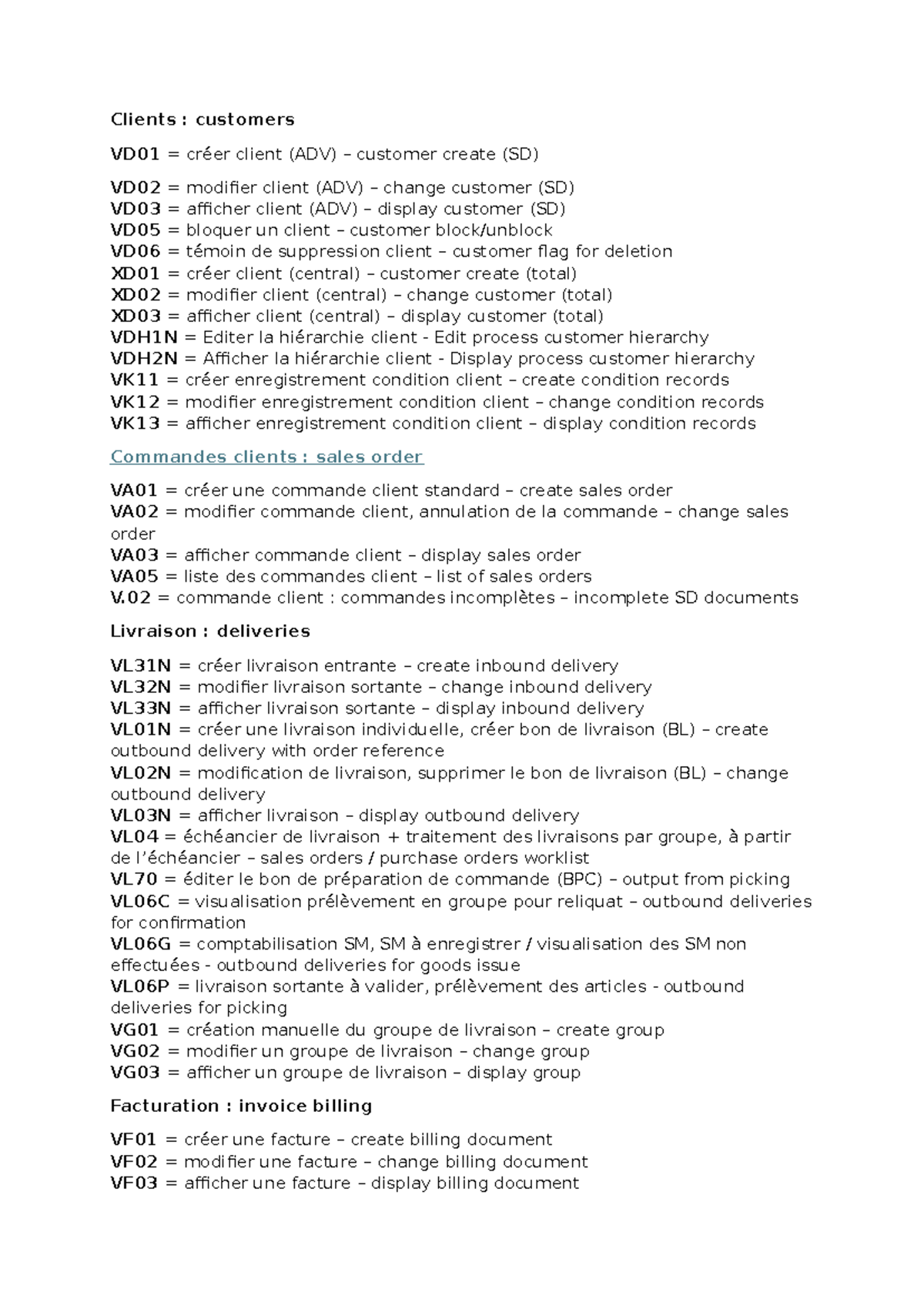 Transactions SAP 2 - Clients : customers VD01 = créer client (ADV ...