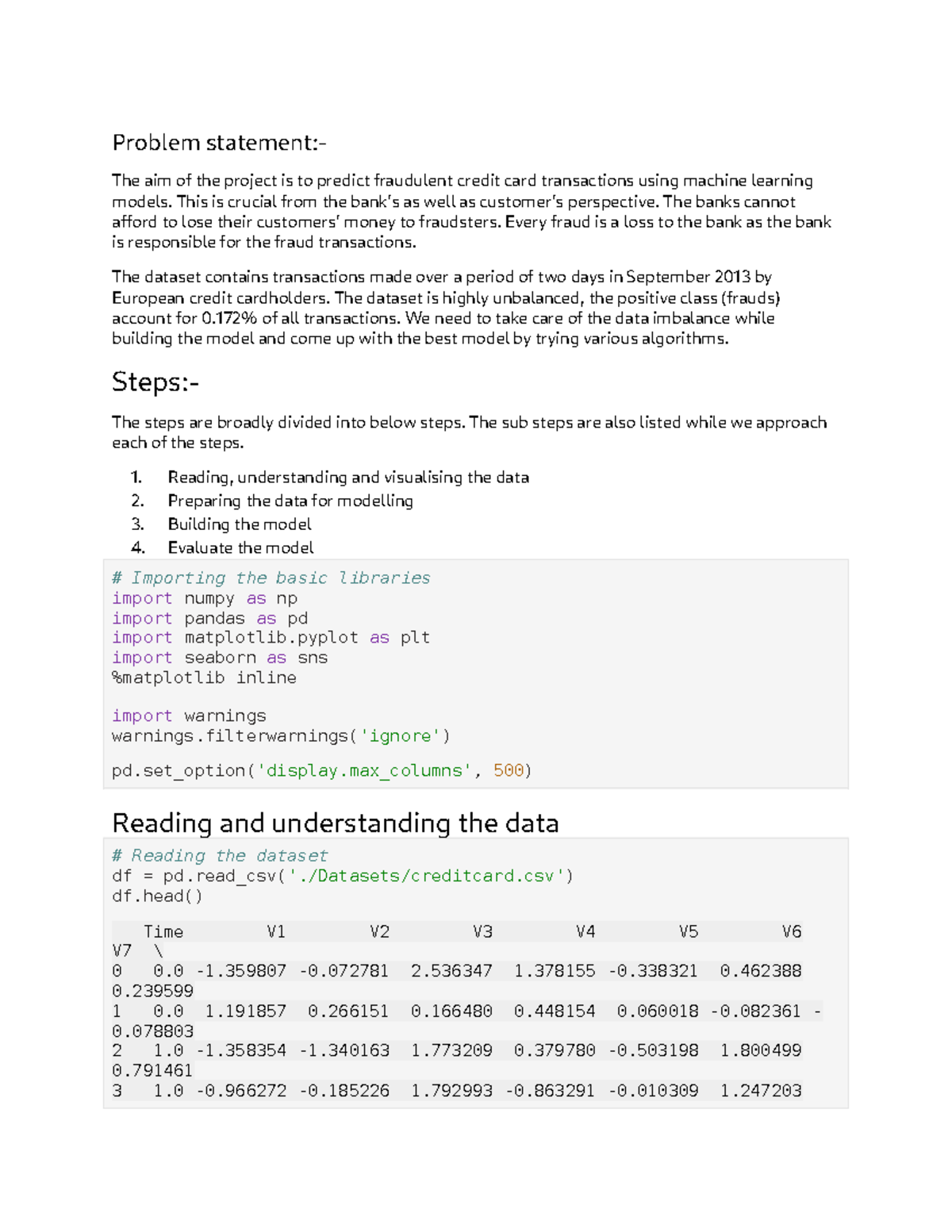 Credit Card Fraud Detection - Problem statement:- The aim of the project is to predict ...