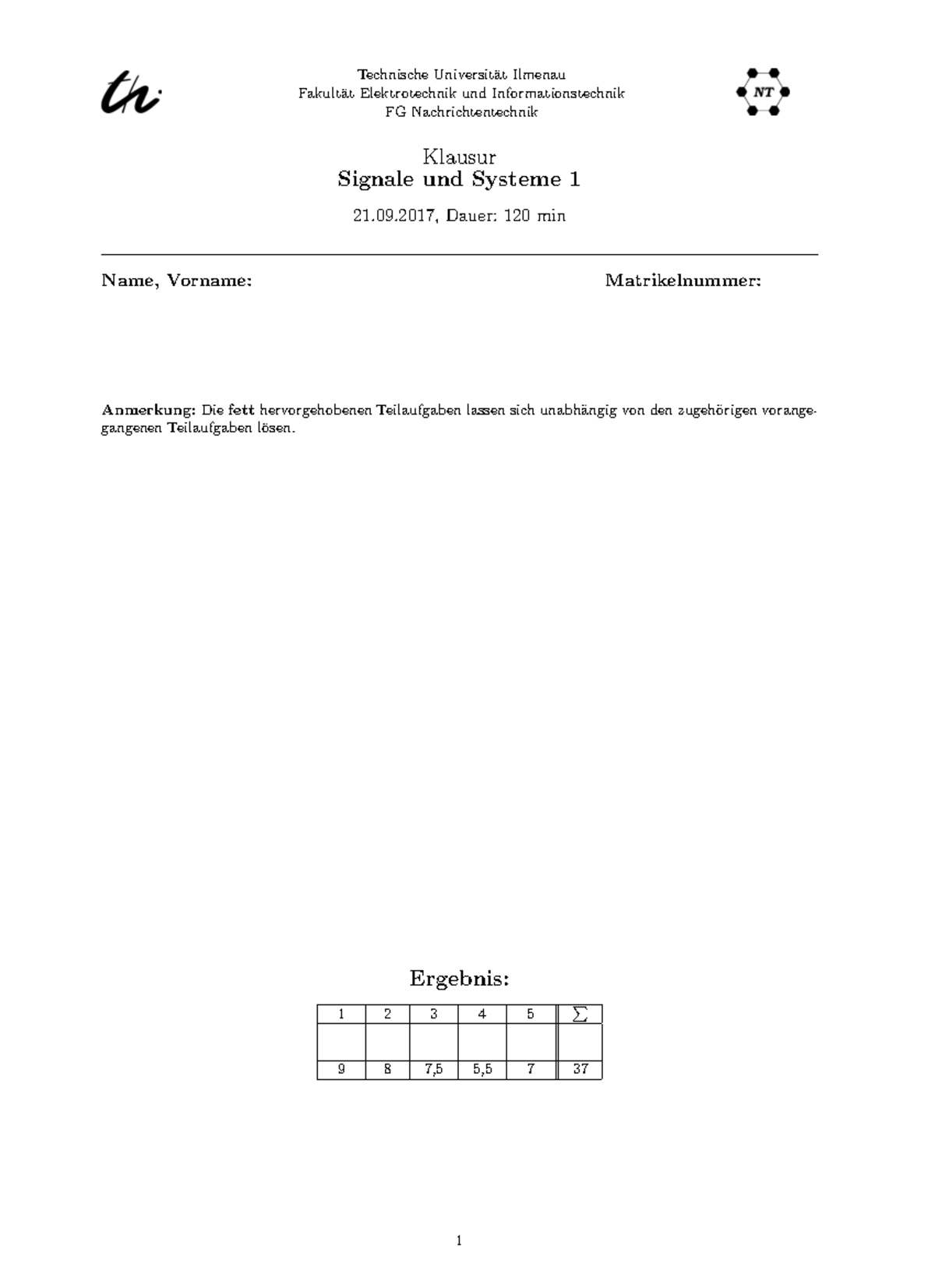 Signale und Systeme 1 - Beispielklausur SS2017 - Technische Universit ...