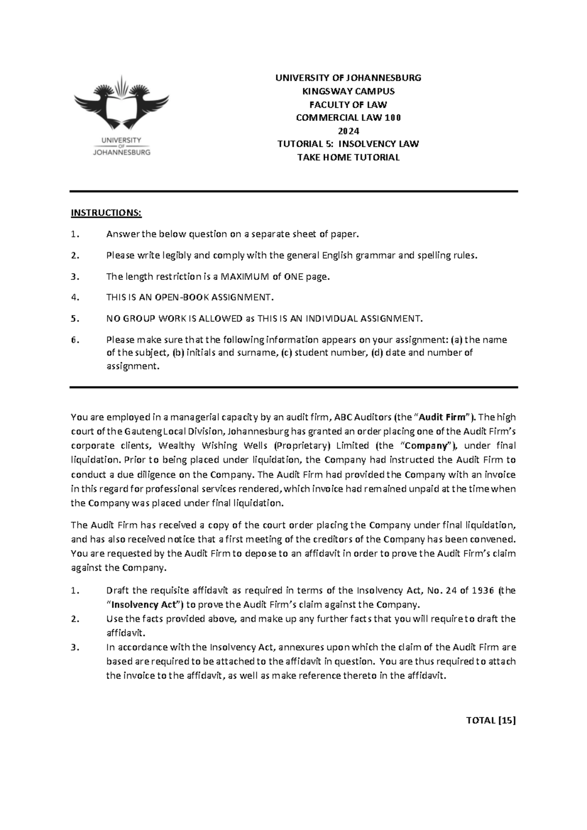 Tutorial 5 - Insolvency (Tutorial question affidavit) 2024 - UNIVERSITY ...