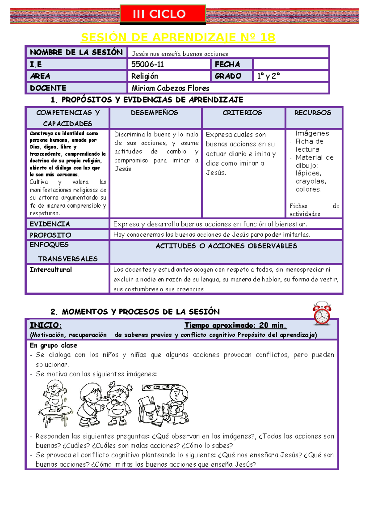 E9- Sesion 18 Religion. - SESIÓN DE APRENDIZAJE Nº 18 NOMBRE DE LA SESIÓN Jesús nos enseña ...