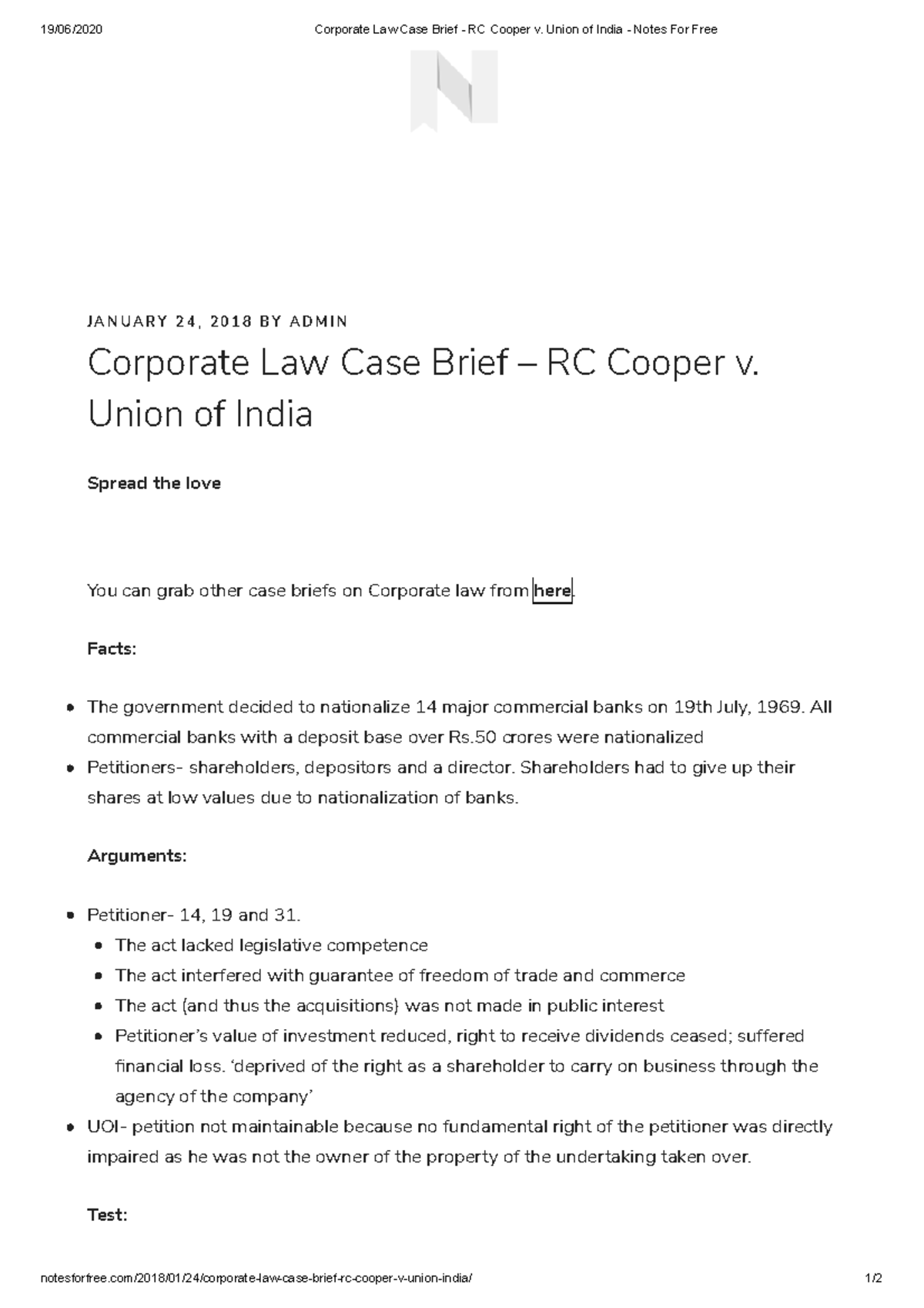 8 Corporate Law Case Brief - RC Cooper v. Union of India - Notes For ...