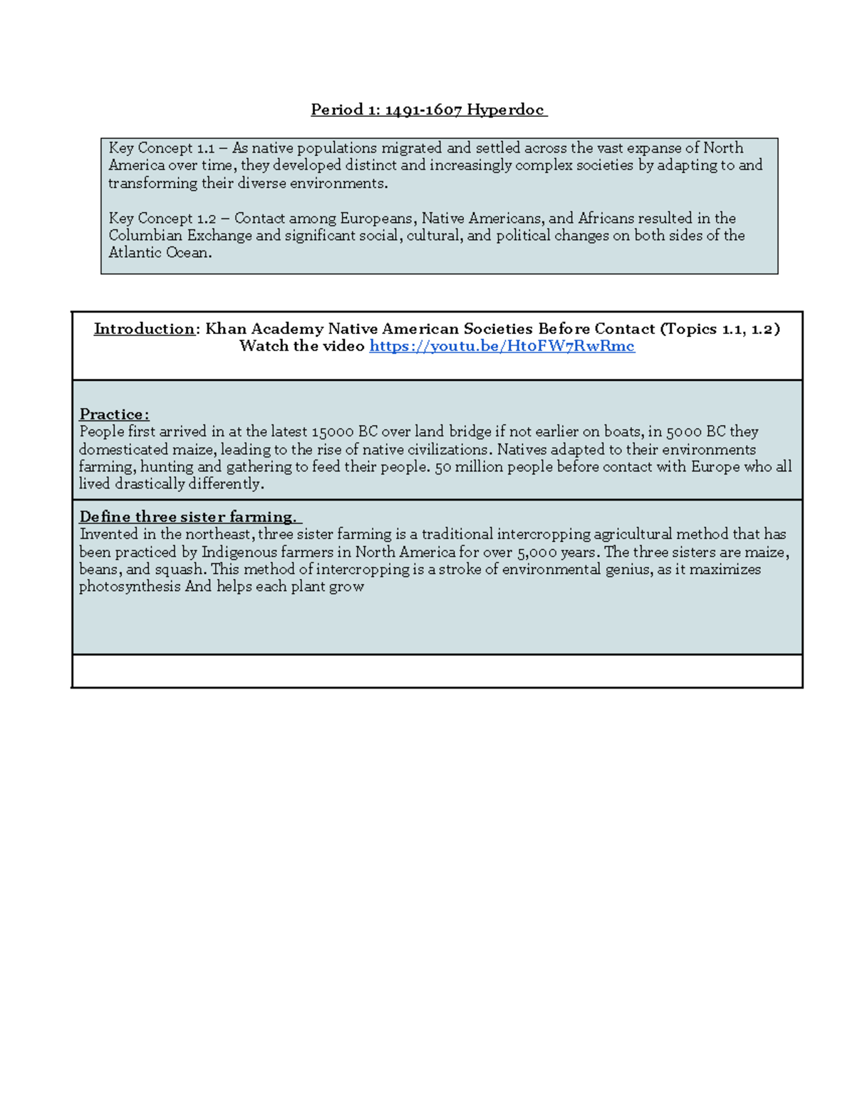 Unit 1 hyperdoc - Period 1: 1491-1607 Hyperdoc Key Concept 1 – As ...