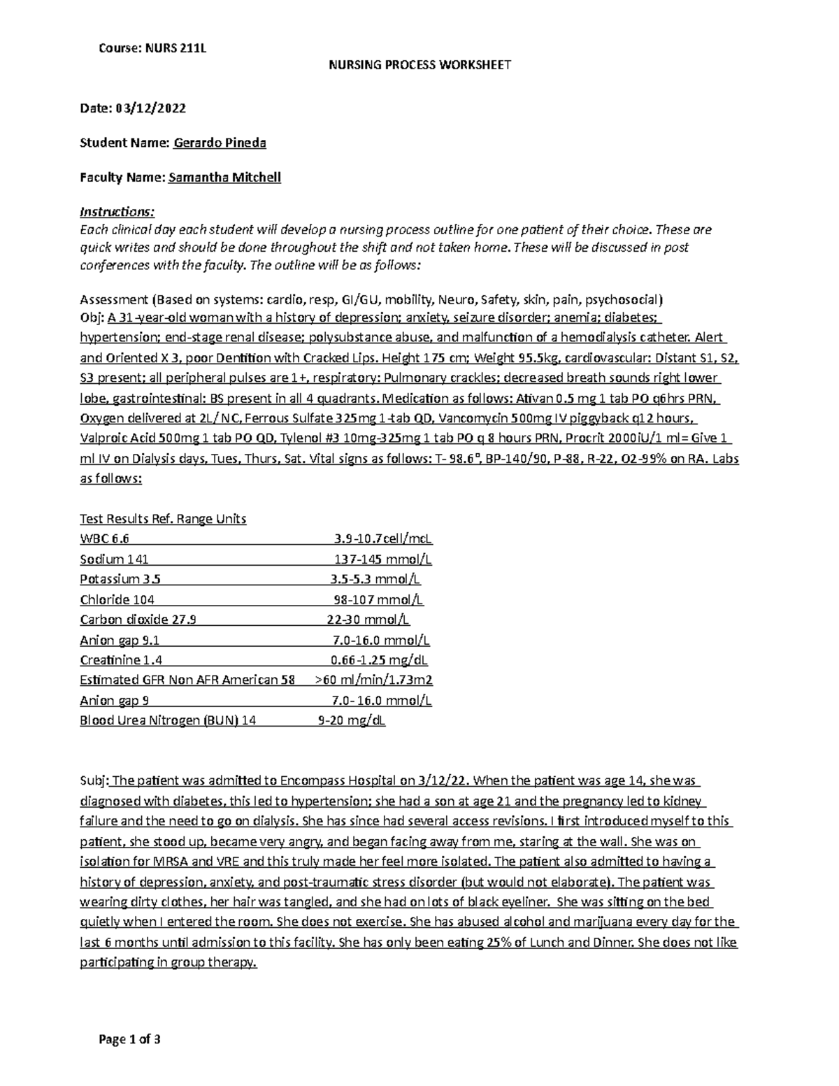 NURS 211L - Nursing Process Worksheet 7 - Course: NURS 211L NURSING ...