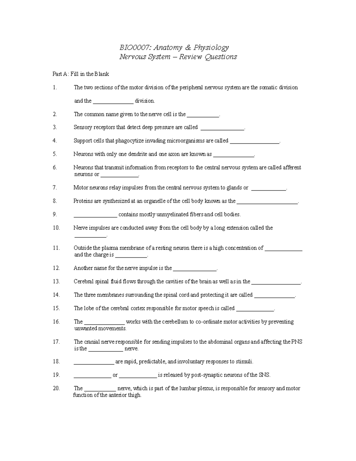 Nervous system review 2021 - BIO0007: Anatomy & Physiology Nervous ...